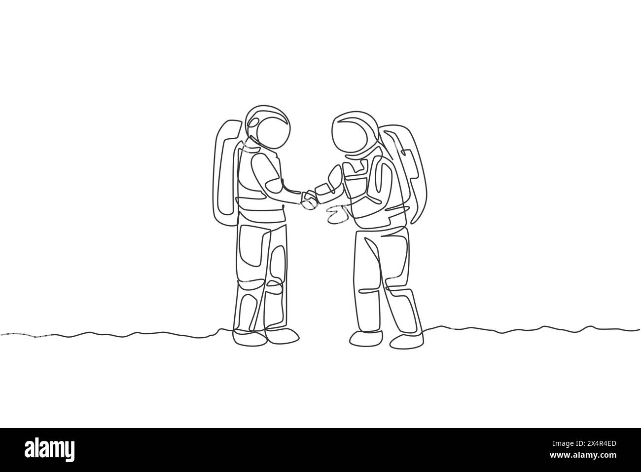 One single line drawing of two young happy astronauts giving handshake to deal project in moon ...