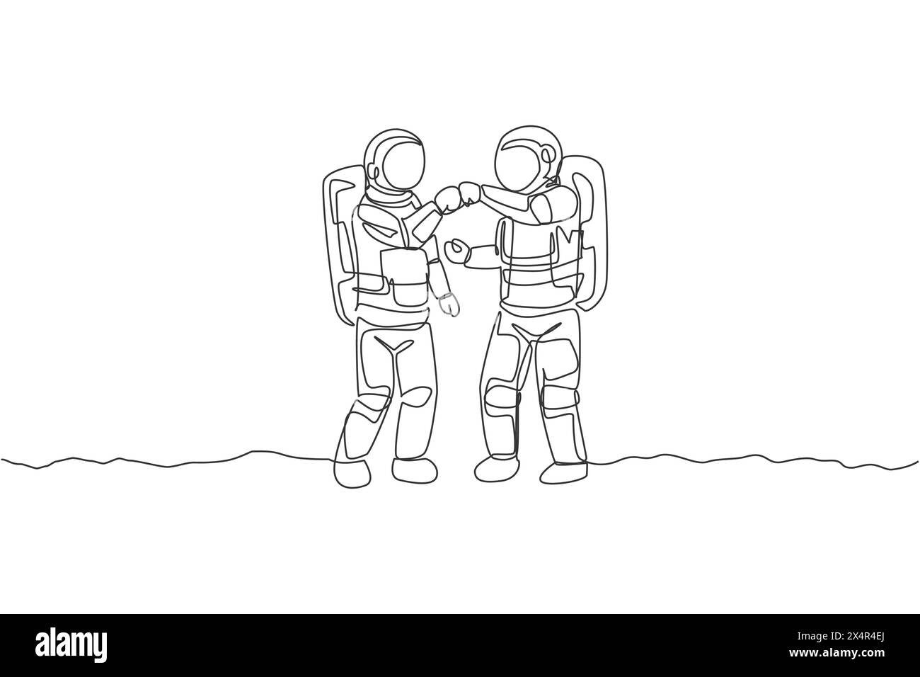 One single line drawing of two young astronauts giving fist bump to celebrate success teamwork ...
