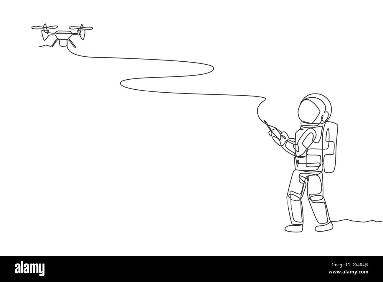 One continuous line drawing of astronaut playing drone plane radio ...