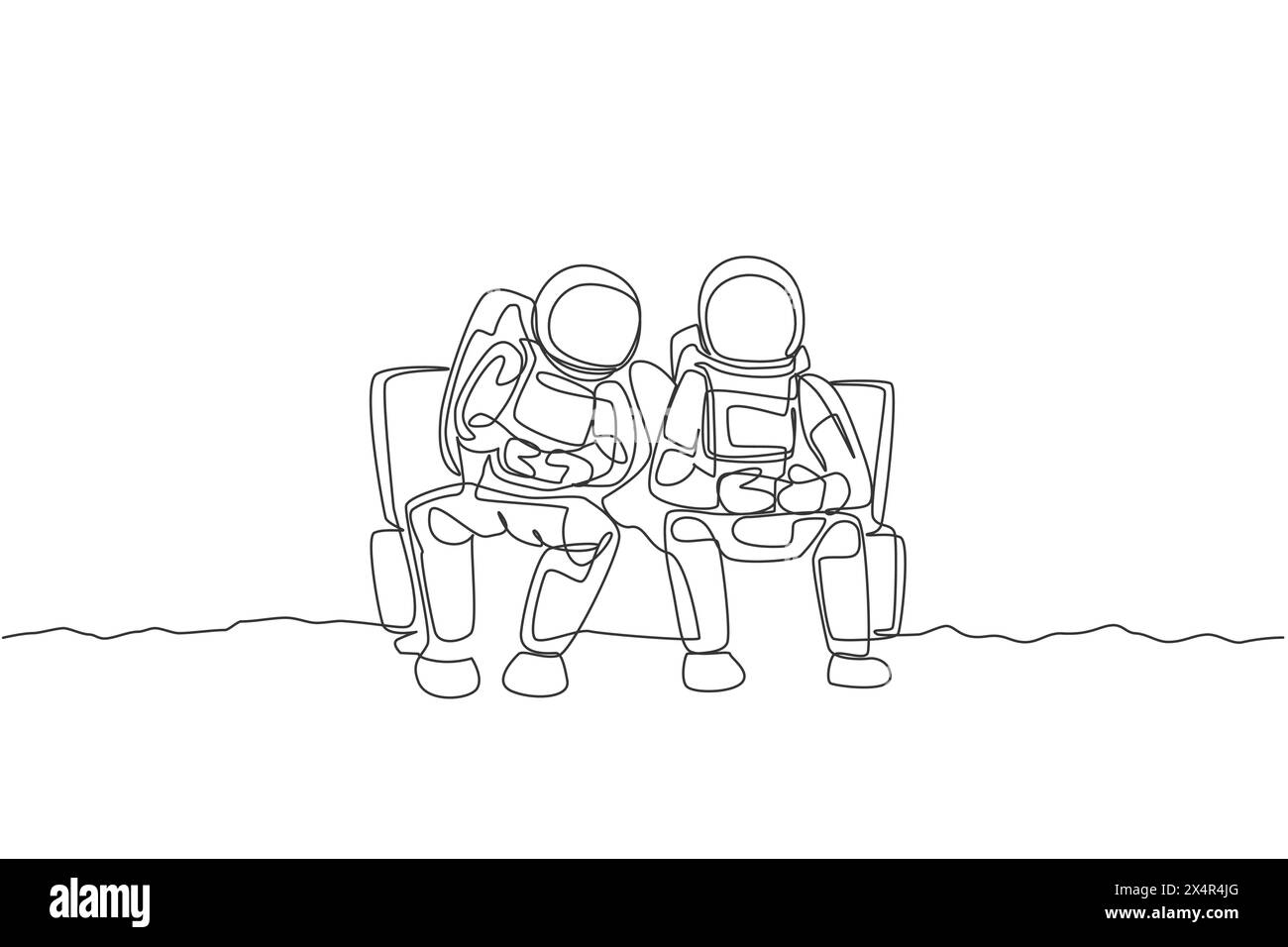 One single line drawing two young happy astronauts siting on sofa and playing video game in moon ...