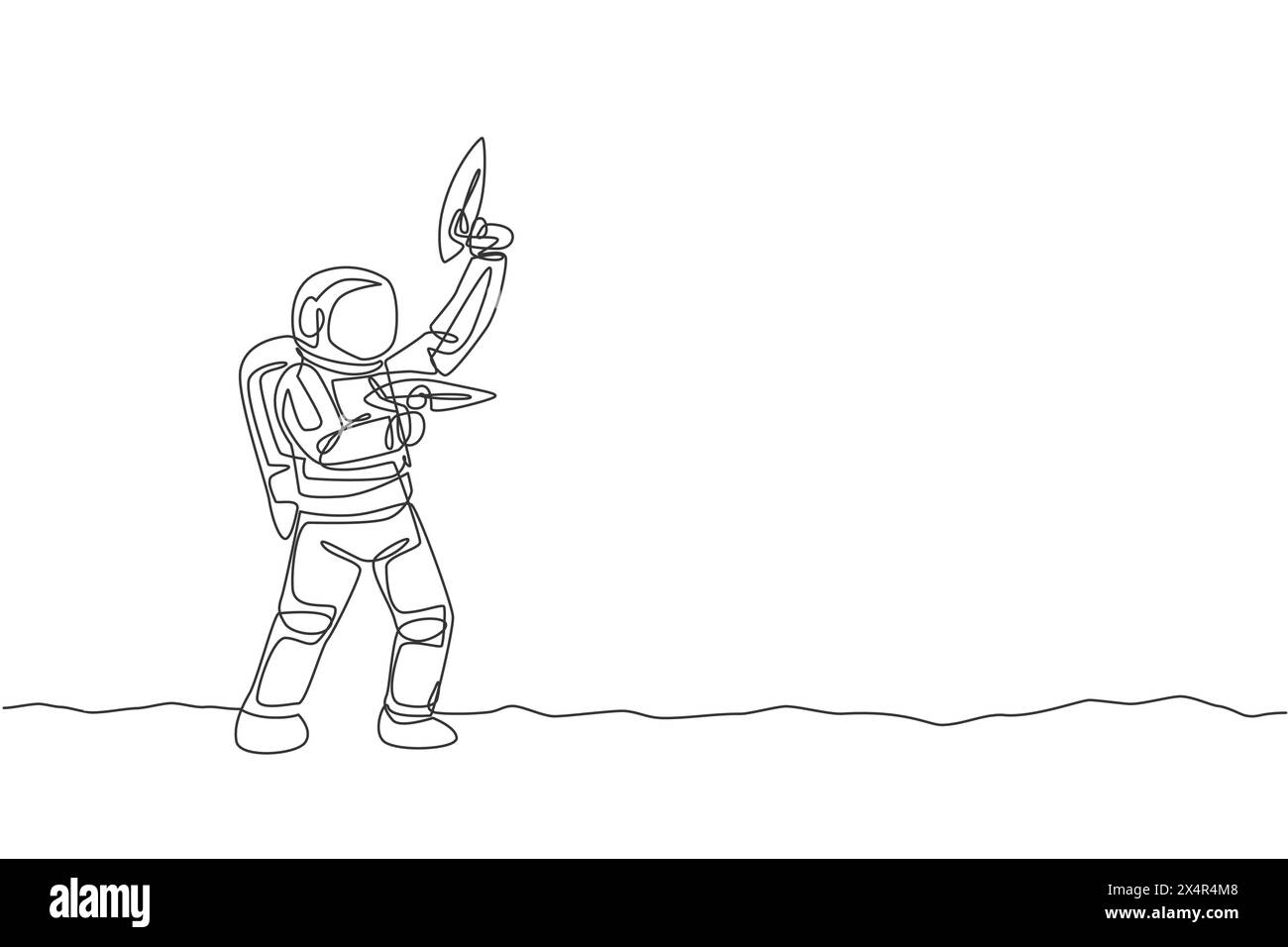 One continuous line drawing of young astronaut shoot using space laser ...