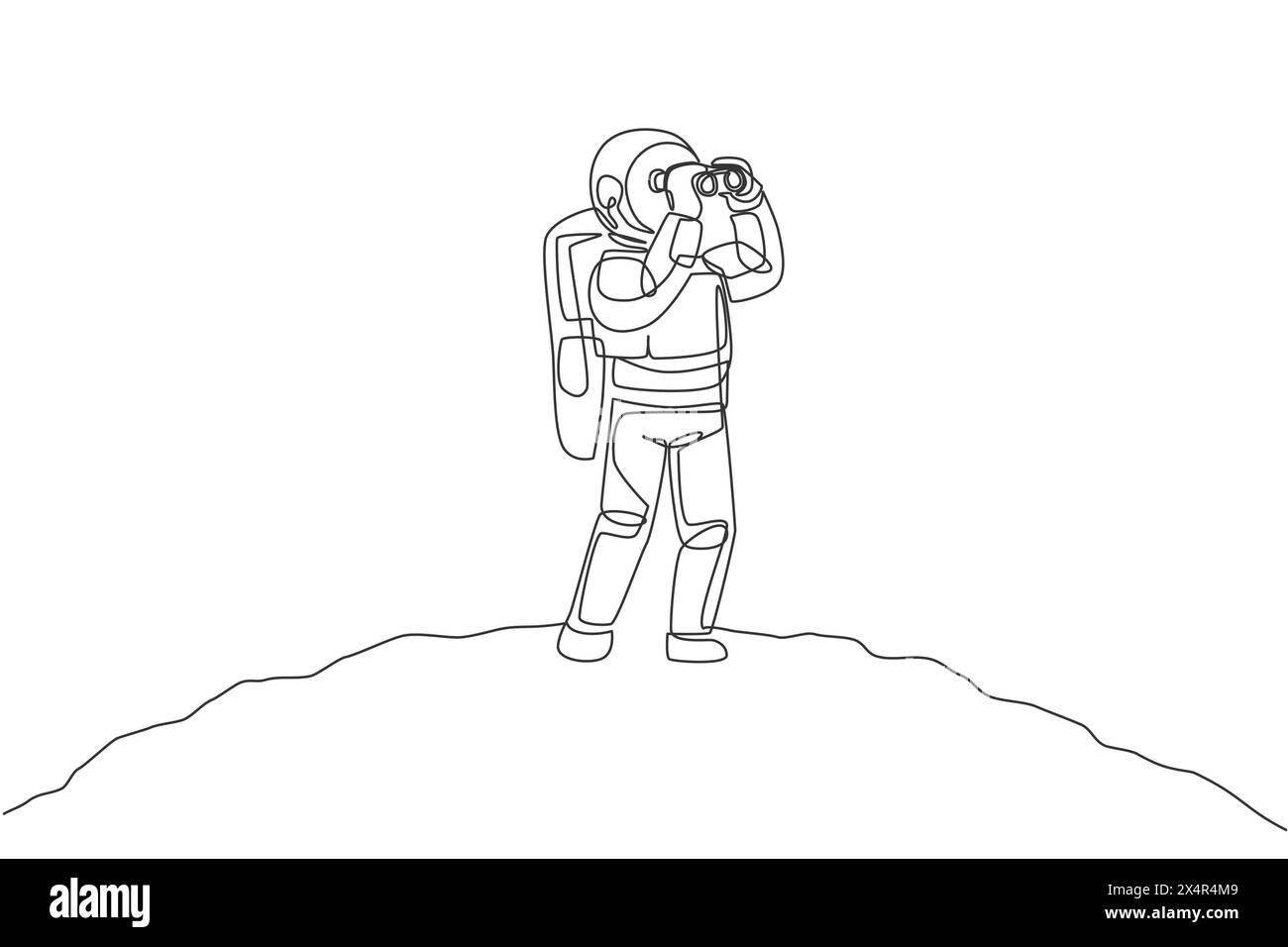 One single line drawing of young happy astronaut enjoying to see ...