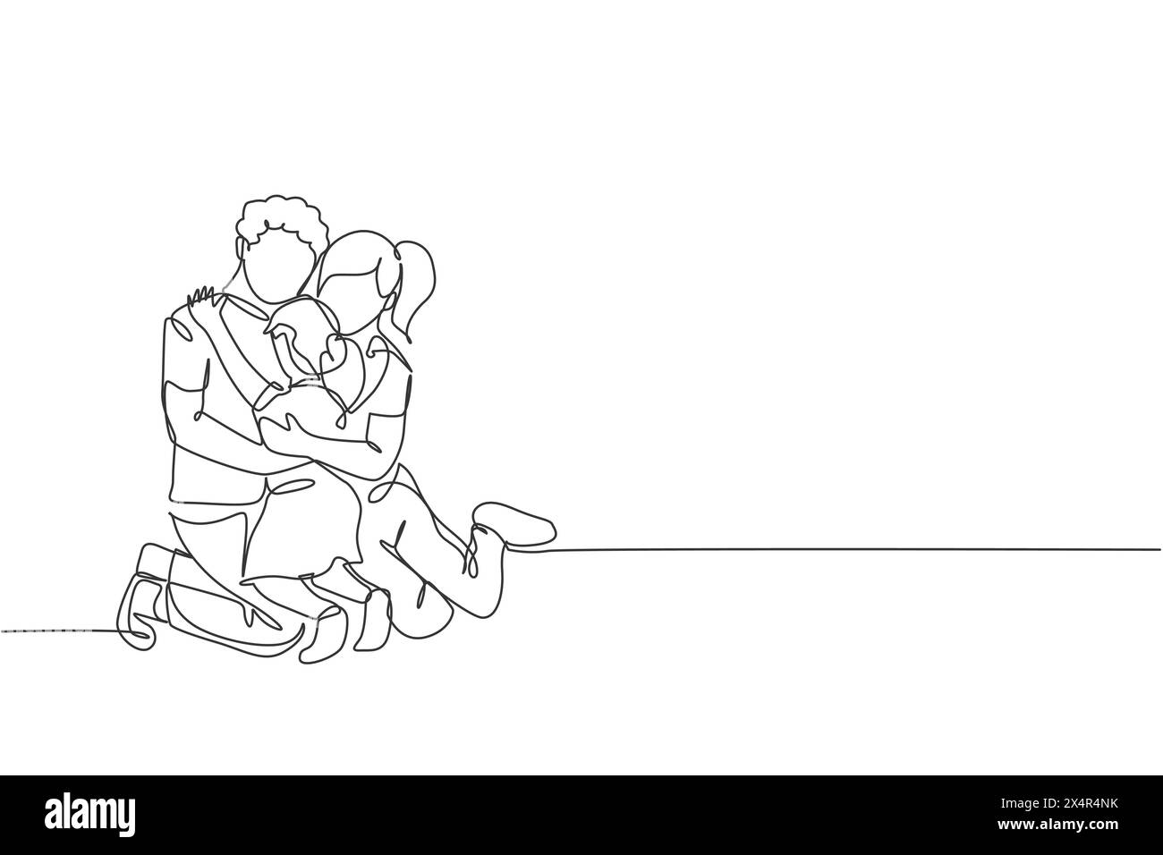 One continuous line drawing of young happy mom and dad hugging their daughter full of warmth ...