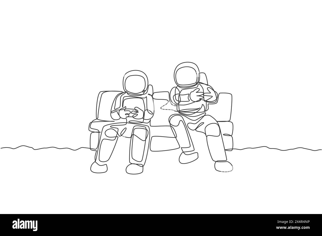 One single line drawing two young happy astronauts siting on sofa and playing video game in moon ...