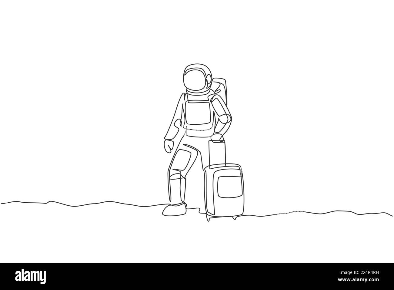 Single continuous line drawing of young astronaut carrying luggage bag ...