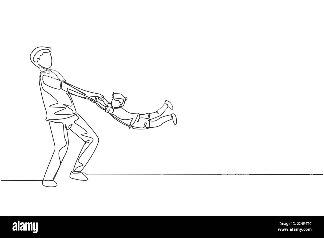 One continuous line drawing of young father raising and spinning his ...