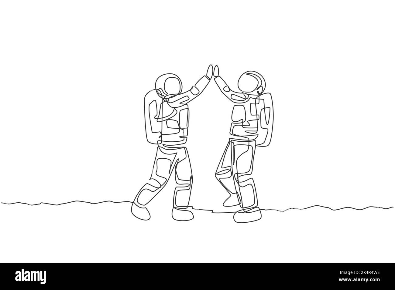 Single Continuous Line Drawing Of Two Young Astronauts Giving High Five Gesture To Celebrate A