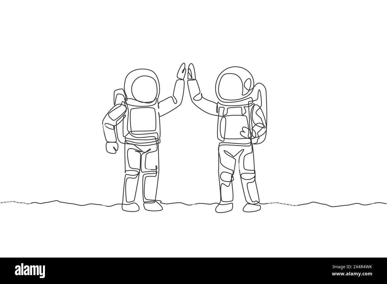 One continuous line drawing of two young happy astronauts giving high five gesture to celebrate ...