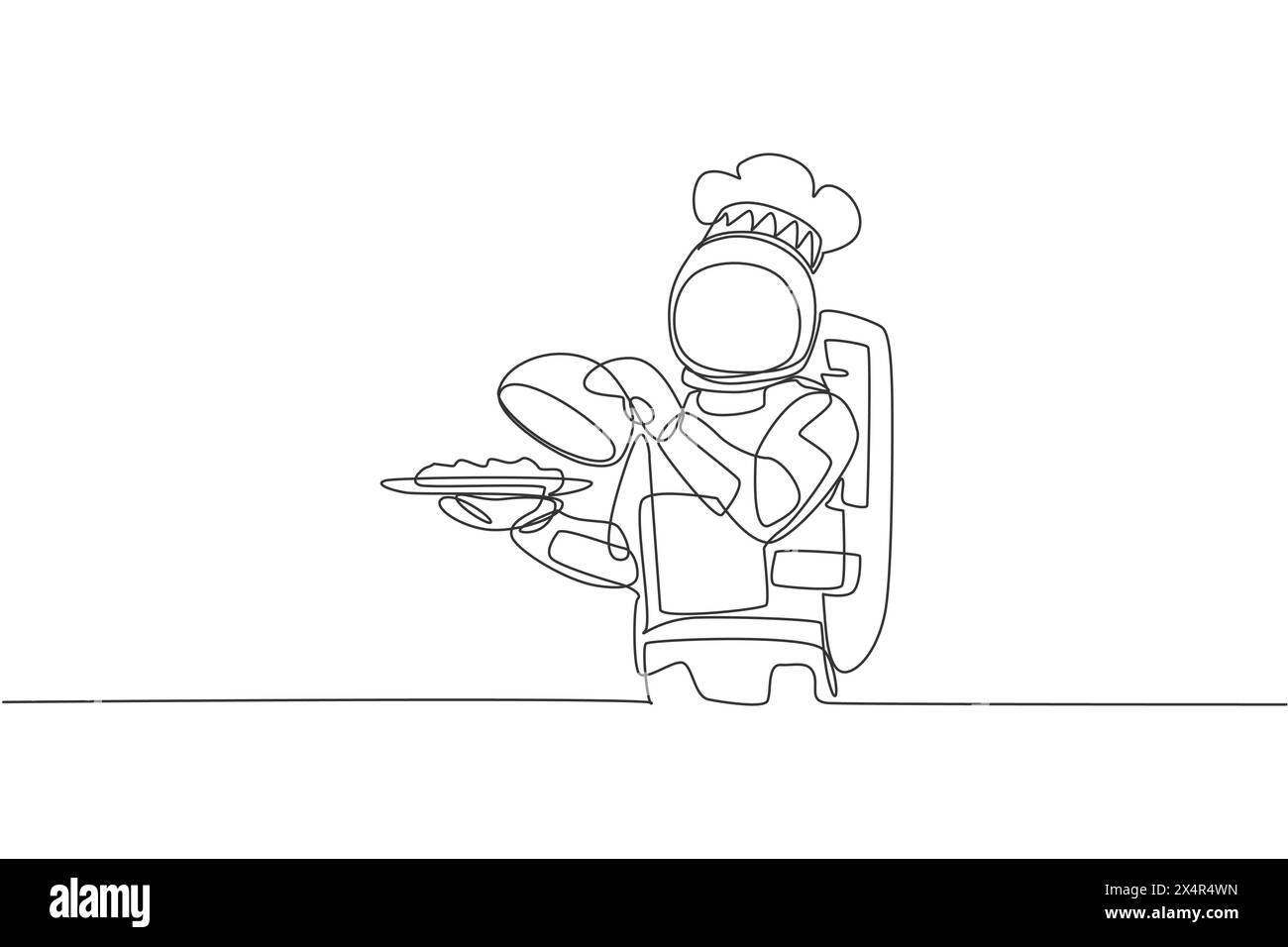 Single continuous line drawing astronaut chef serving delicious food ...