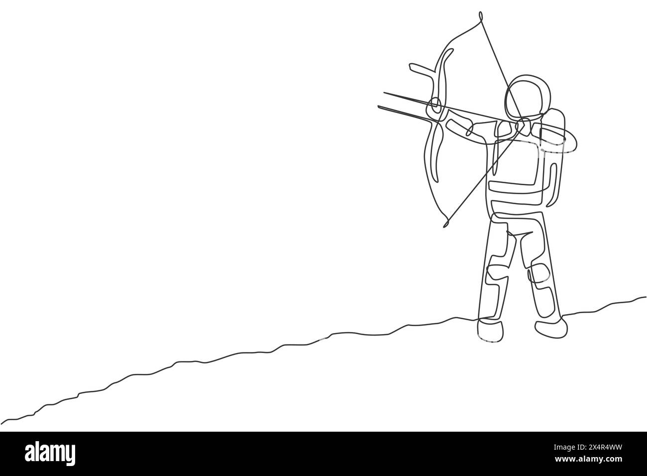 One continuous line drawing of young astronaut focus aiming archery ...