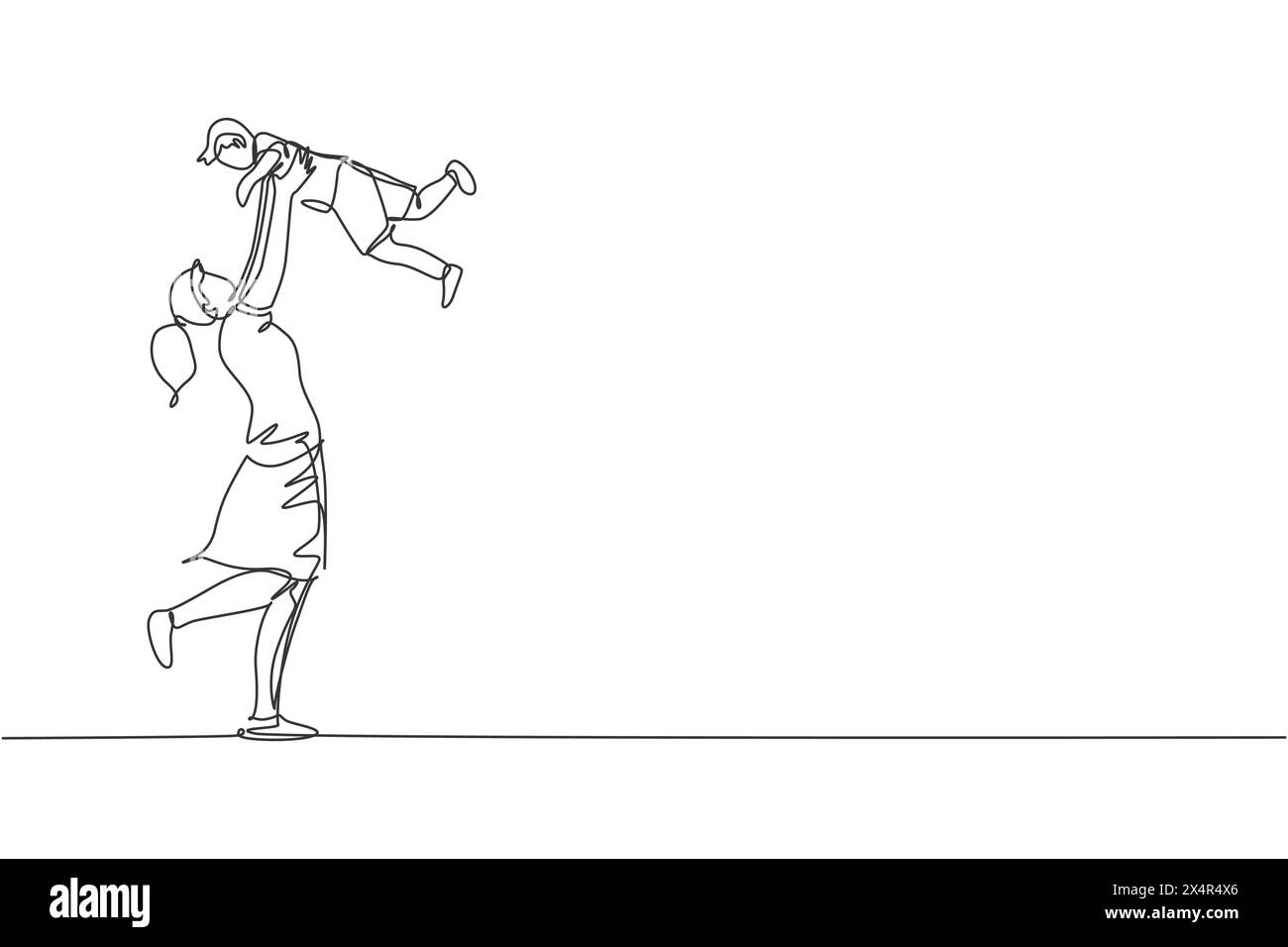 One single line drawing of young happy mother raising her boy up in the ...