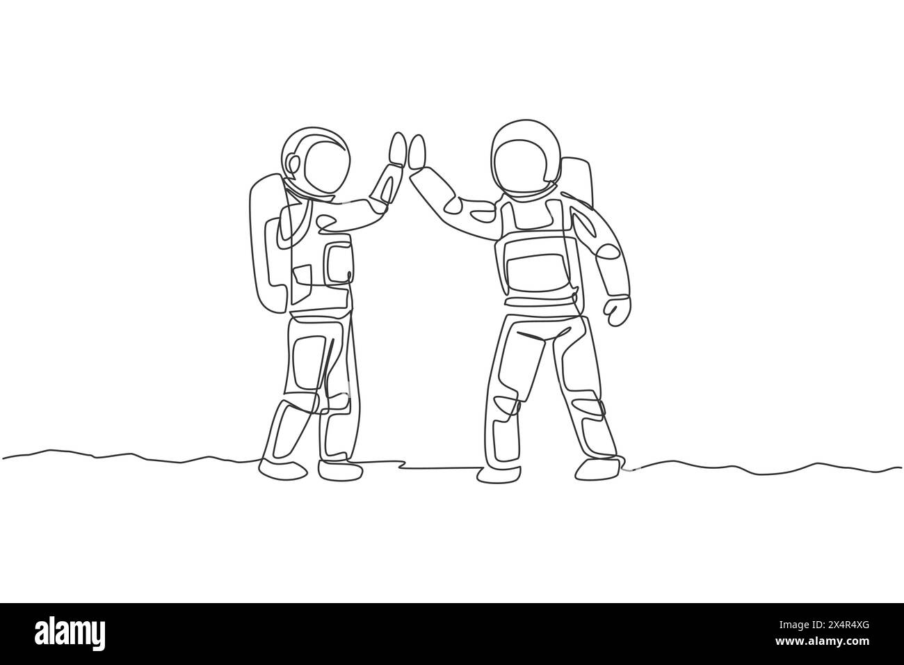 One single line drawing of two young happy astronauts gave high five while meeting on the street ...