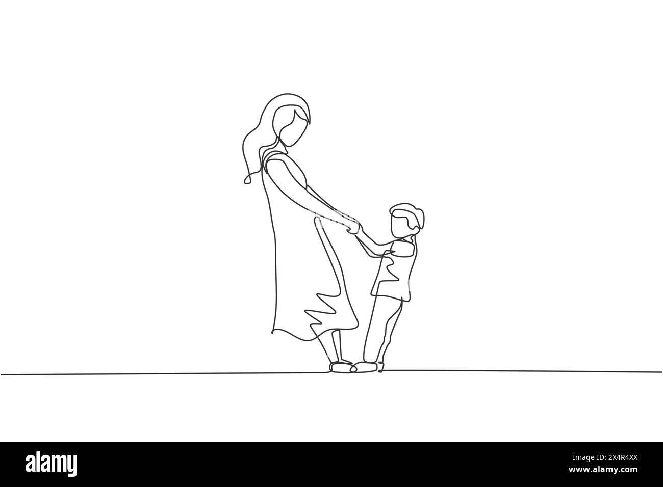 One single line drawing young happy mom and her son holding hands and ...