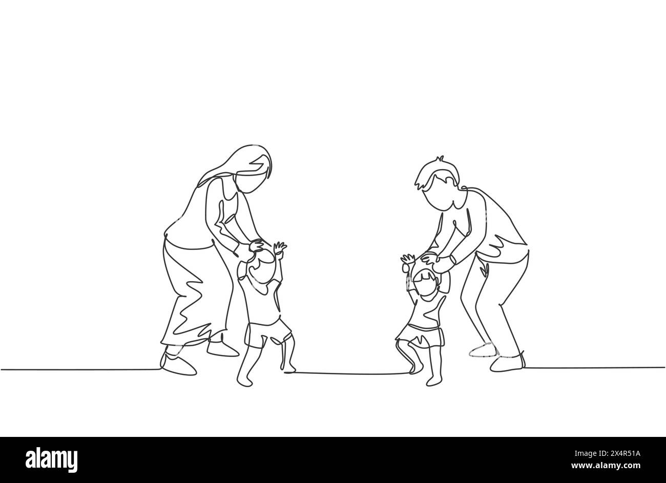 One single line drawing of young parents teaching their twin kids to ...