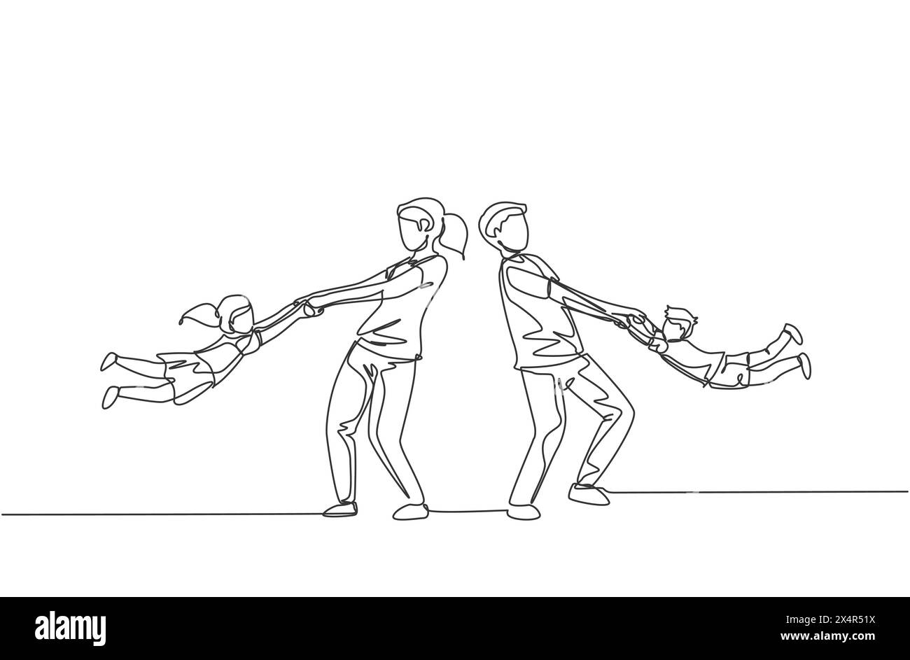 One continuous line drawing of young mom and dad play together with ...