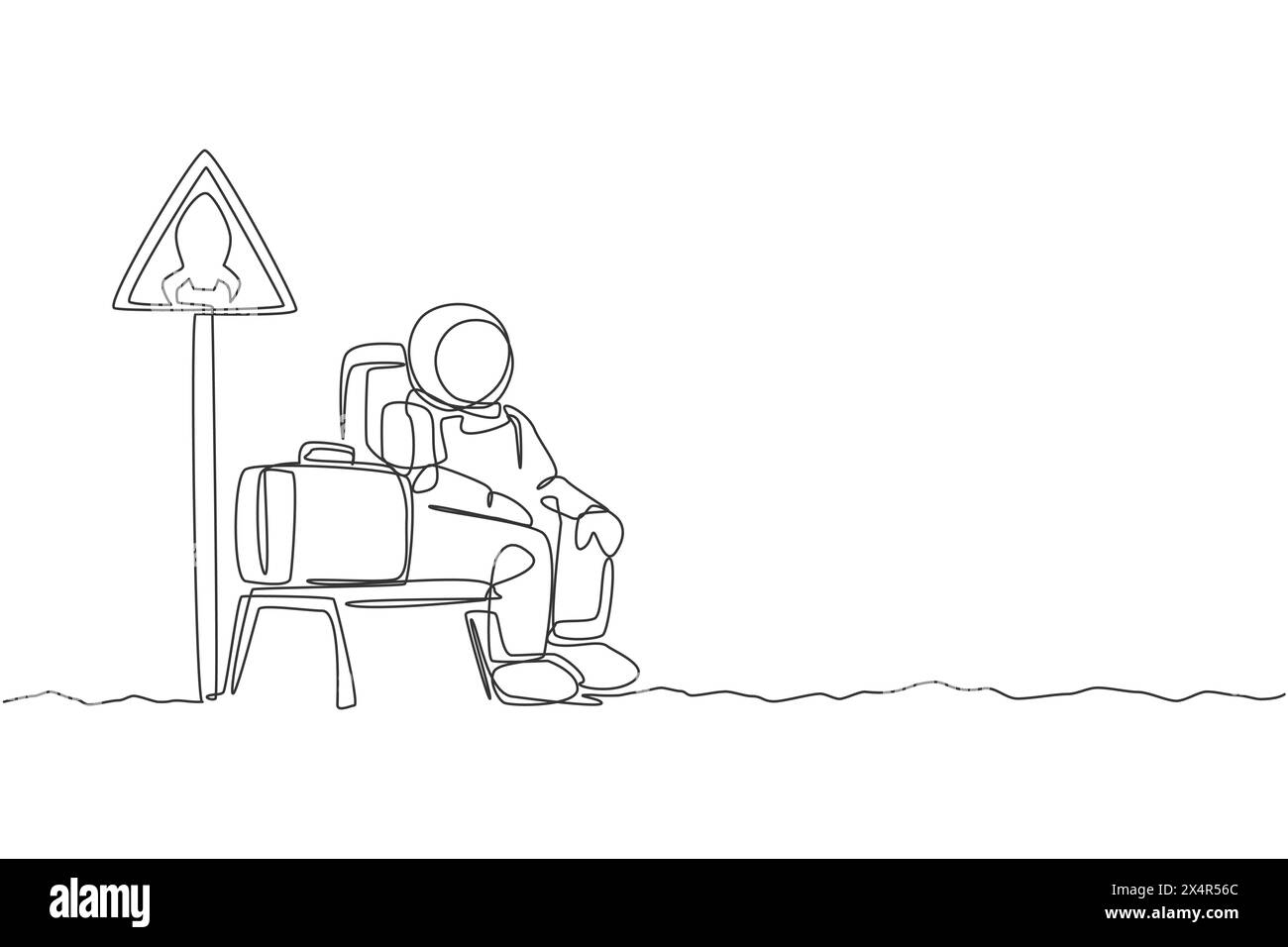 One single line drawing of young happy astronaut siting in rocket stop ...