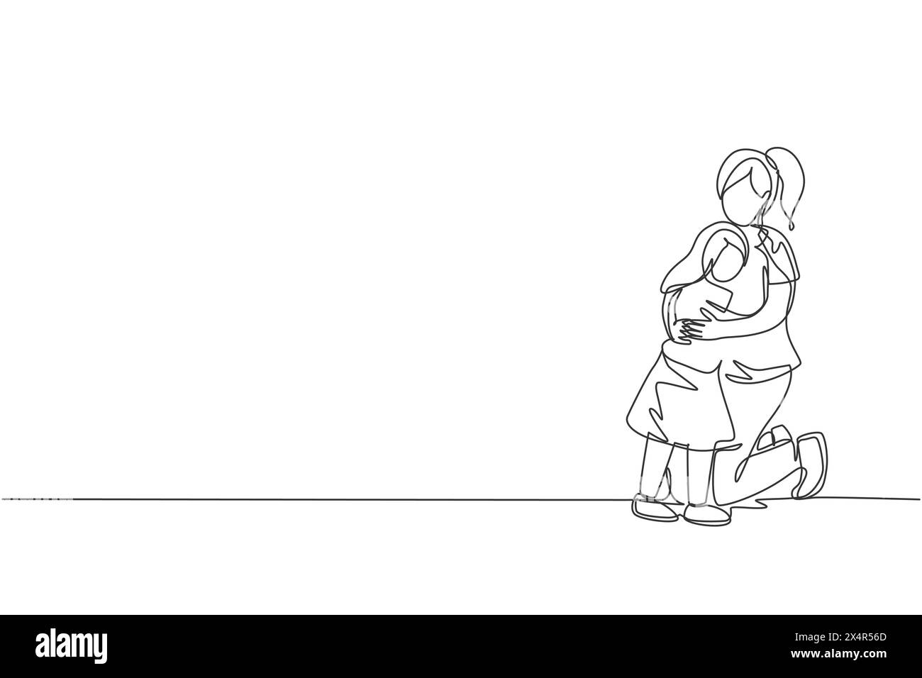One continuous line drawing of young happy mommy hugging her lovely daughter full of warmth at ...