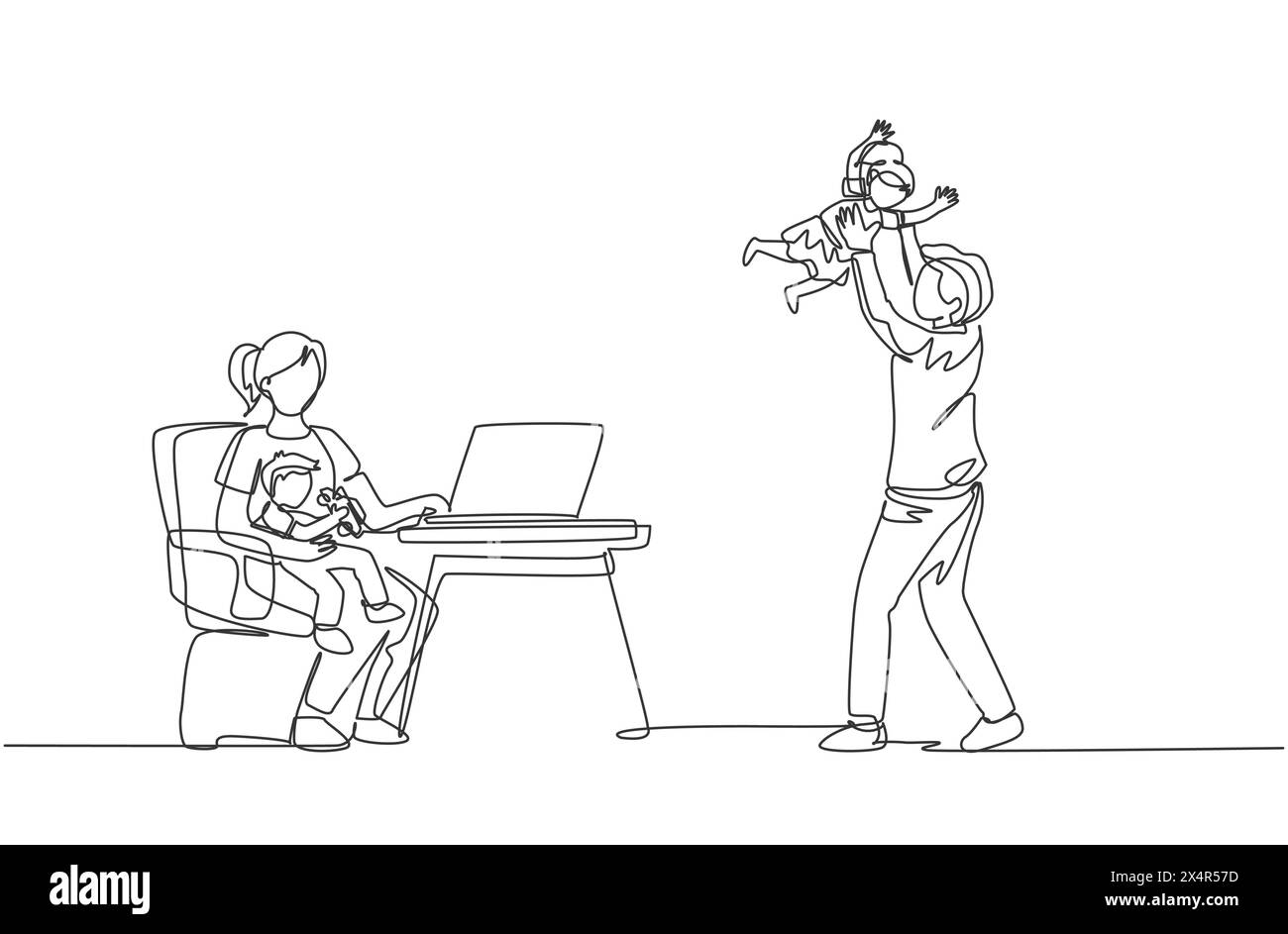 One continuous line drawing of young mother work typing on laptop and ...