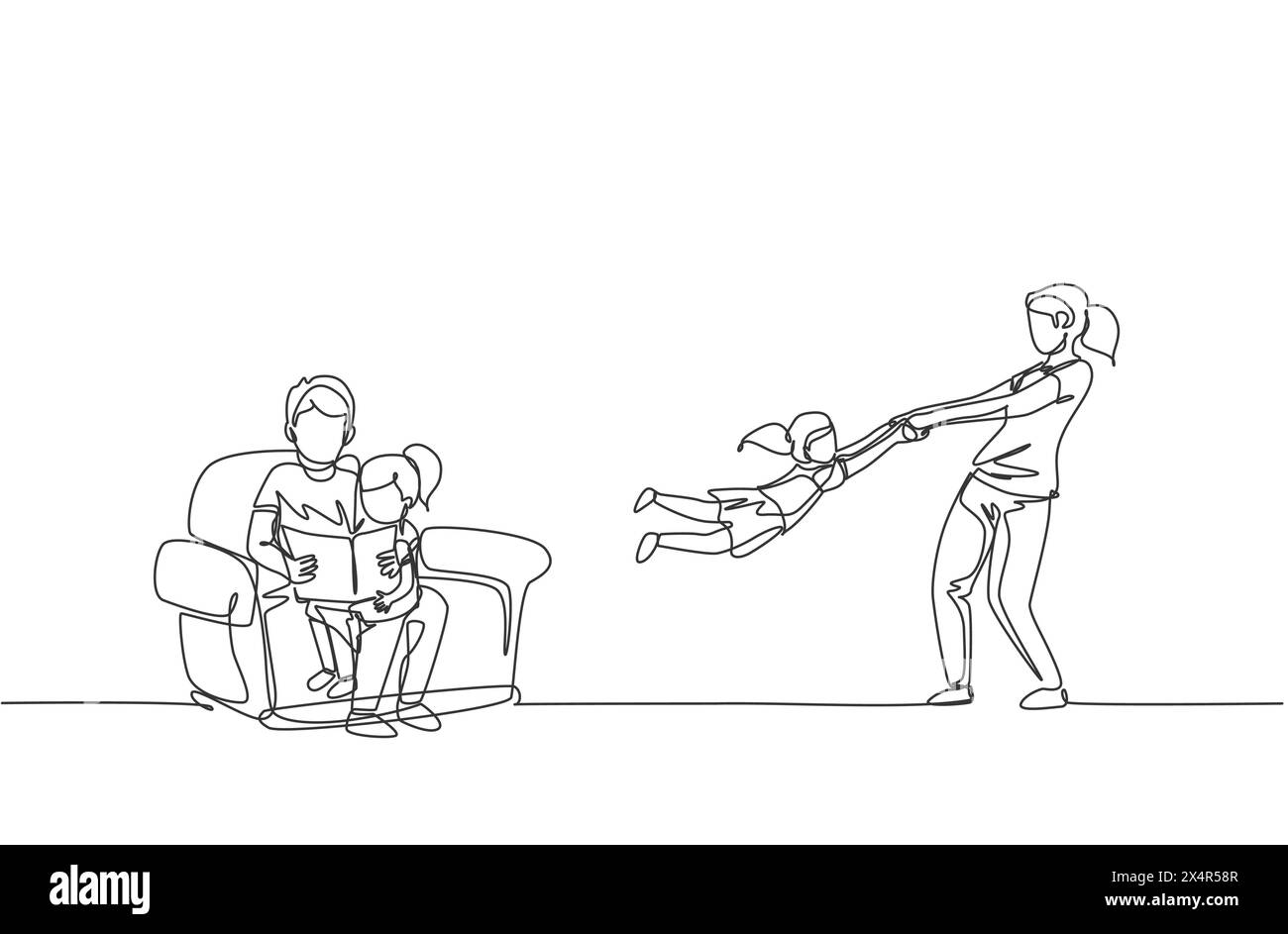 One continuous line drawing of young mom playing with daughter while ...