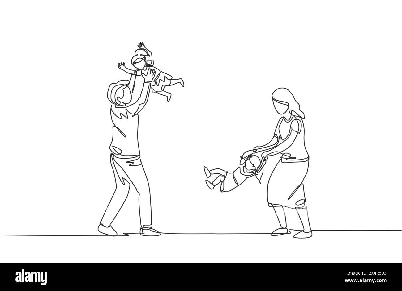 Single continuous line drawing of young mother and father playing with ...