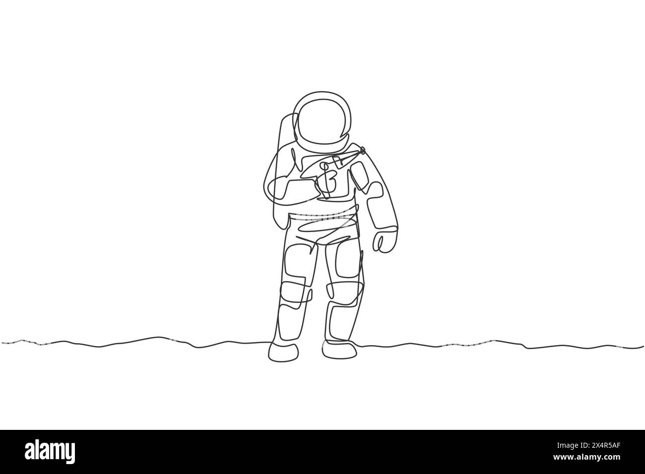 One single line drawing of young astronaut holding space laser gun ...