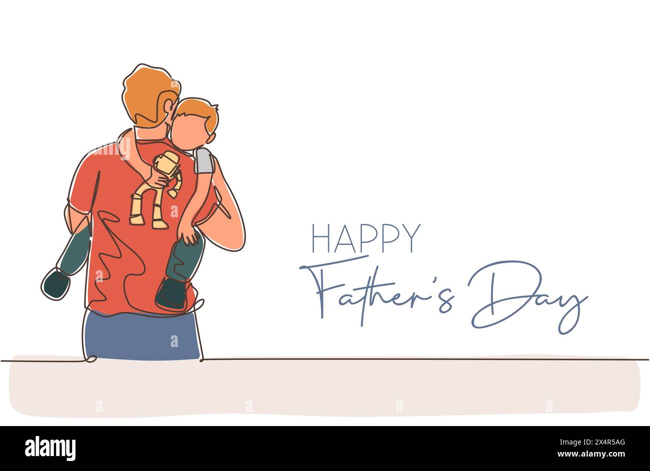 One single line drawing of young dad carrying his sleepy son hold robot ...