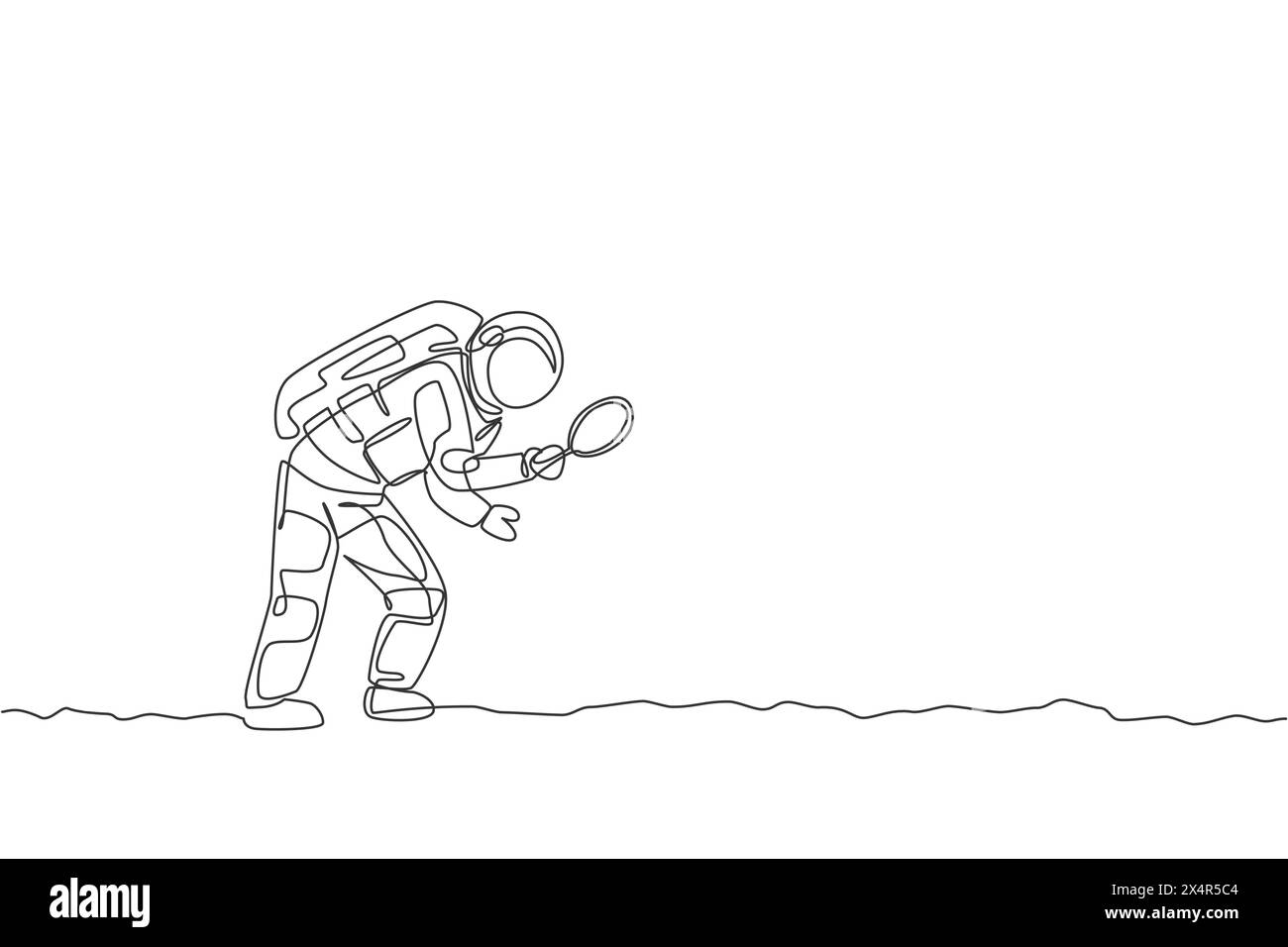 One continuous line drawing of young astronaut holding magnifier and ...