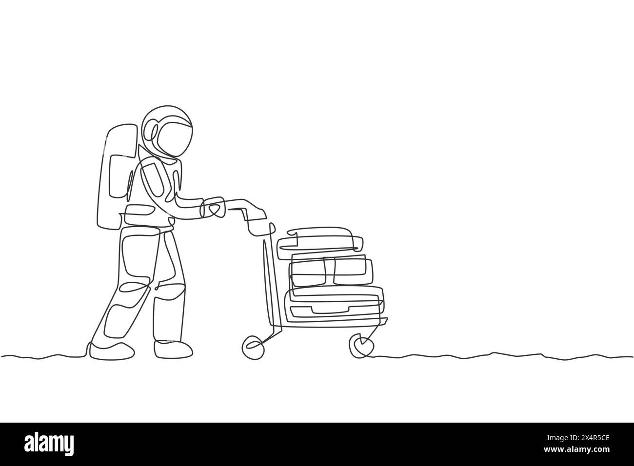 Single continuous line drawing of young astronaut pushing luggage ...