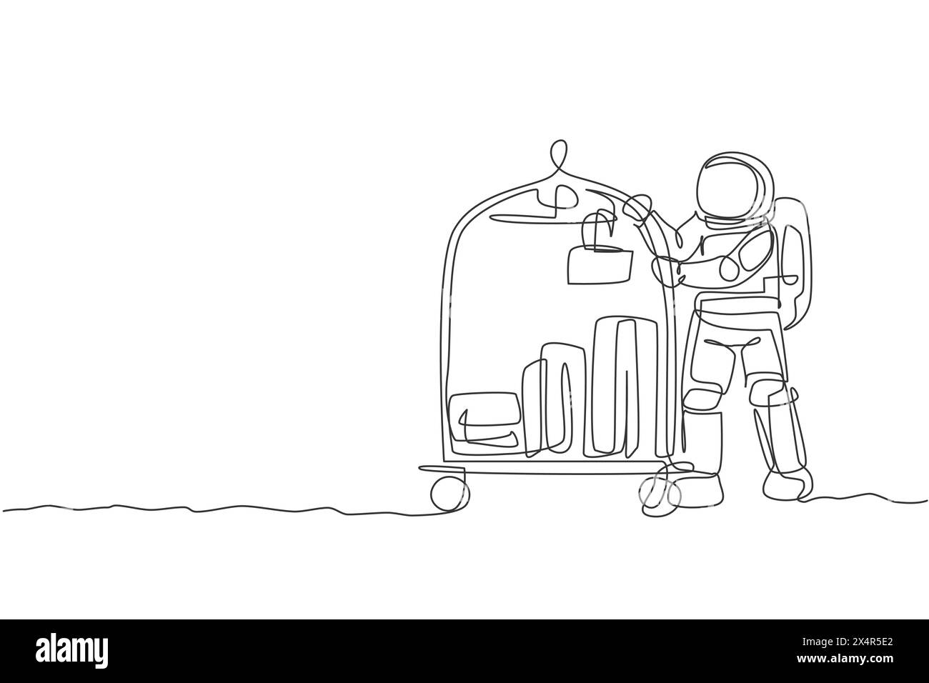 One single line drawing of young room boy astronaut pushing luggage ...