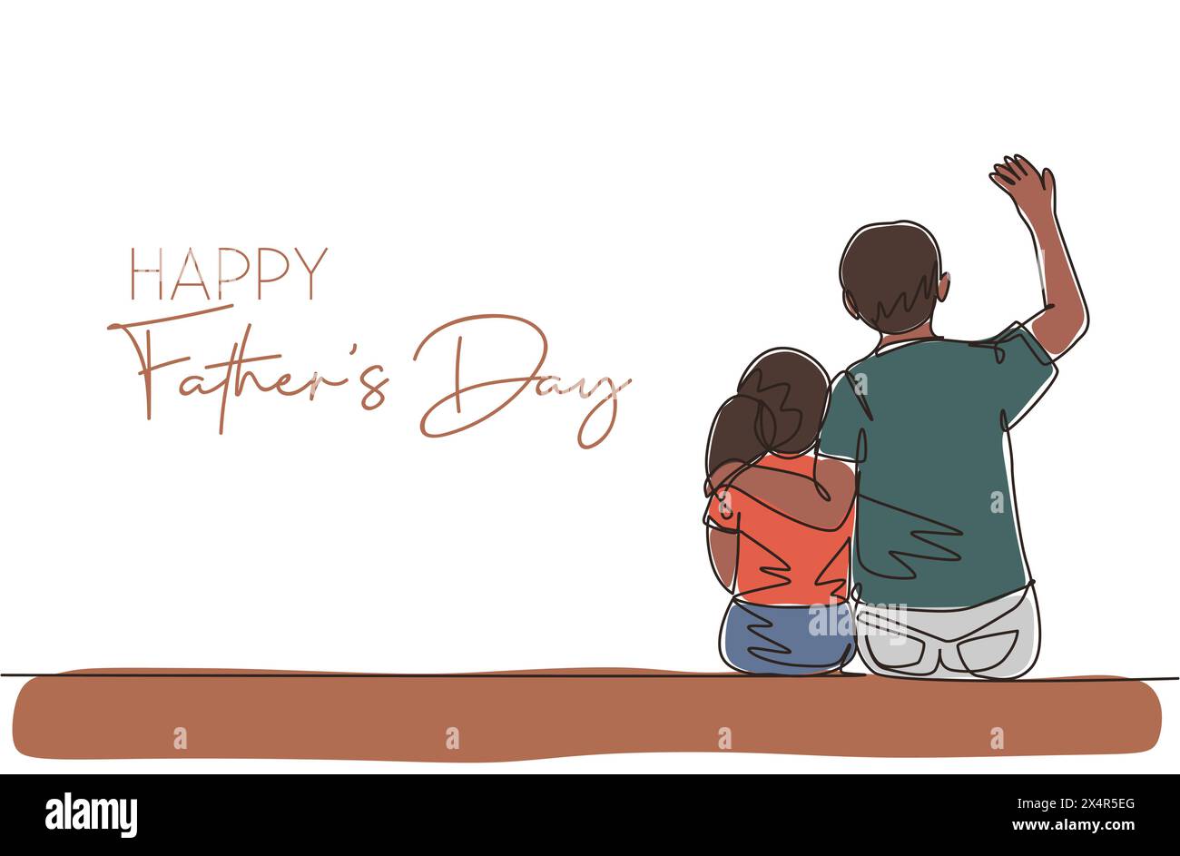 One continuous line drawing of young father siting next to daughter and ...