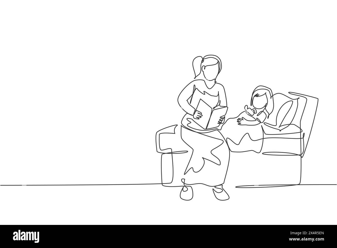 One continuous line drawing of young mom siting on bed room and reading ...