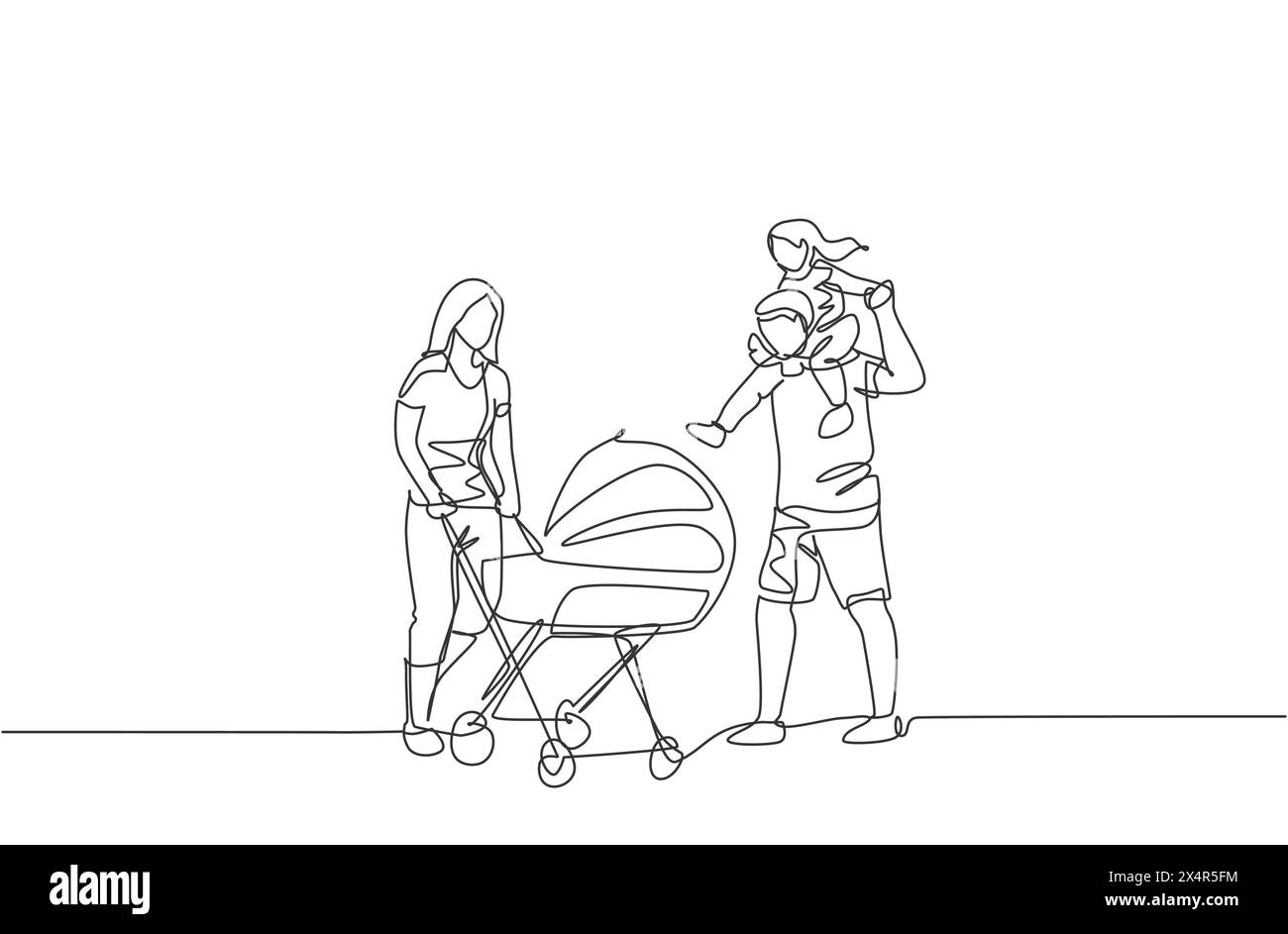One continuous line drawing of young mother pushing baby stroller at ...