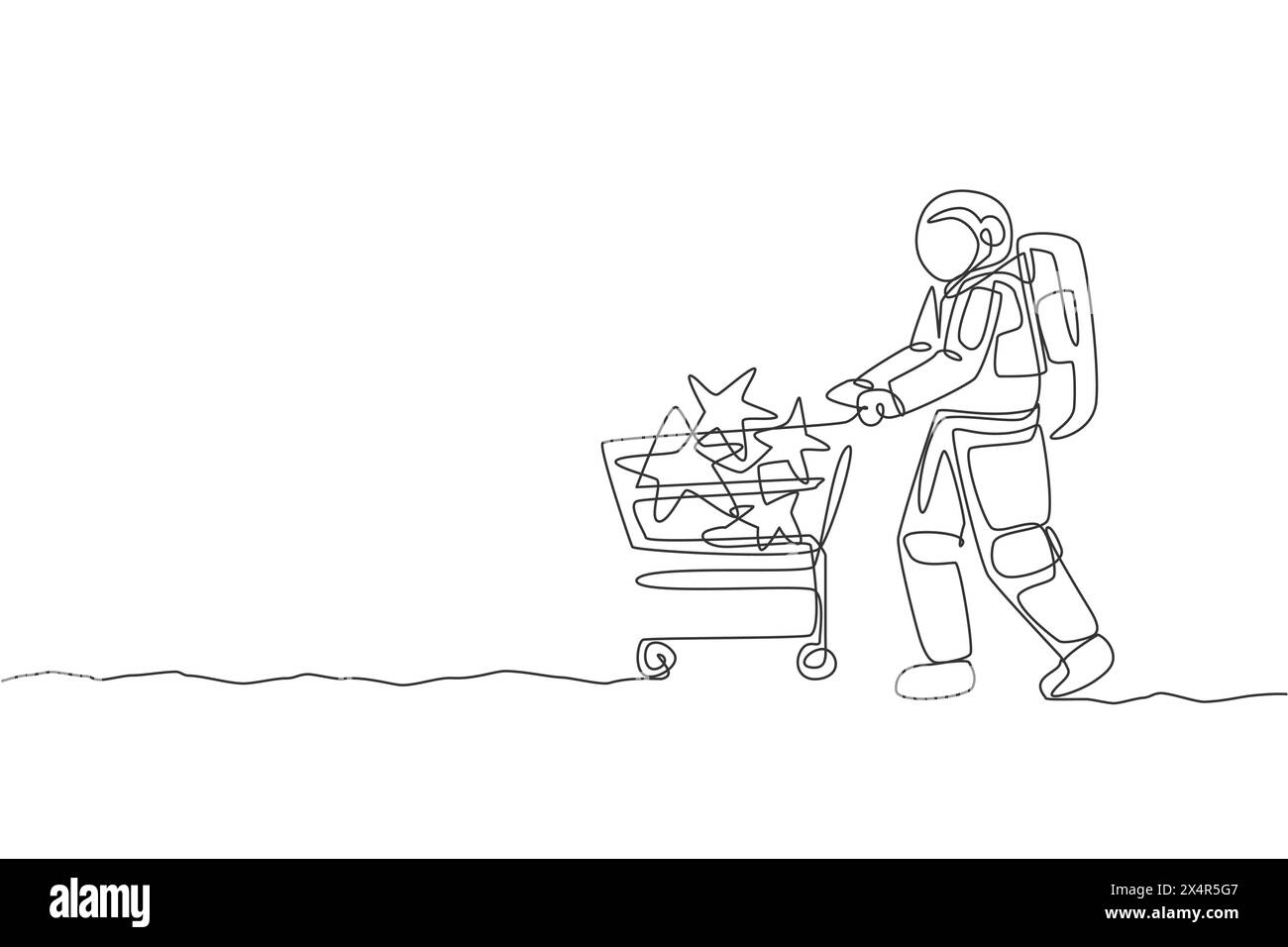 One continuous line drawing of young astronaut pushing trolley with ...