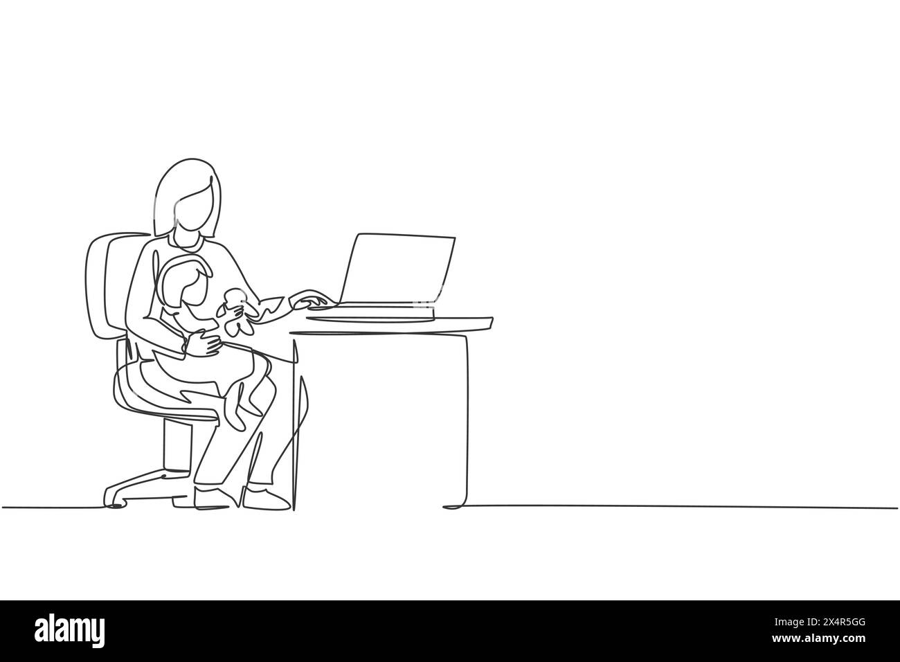 Single continuous line drawing of young mother siting on chair and ...