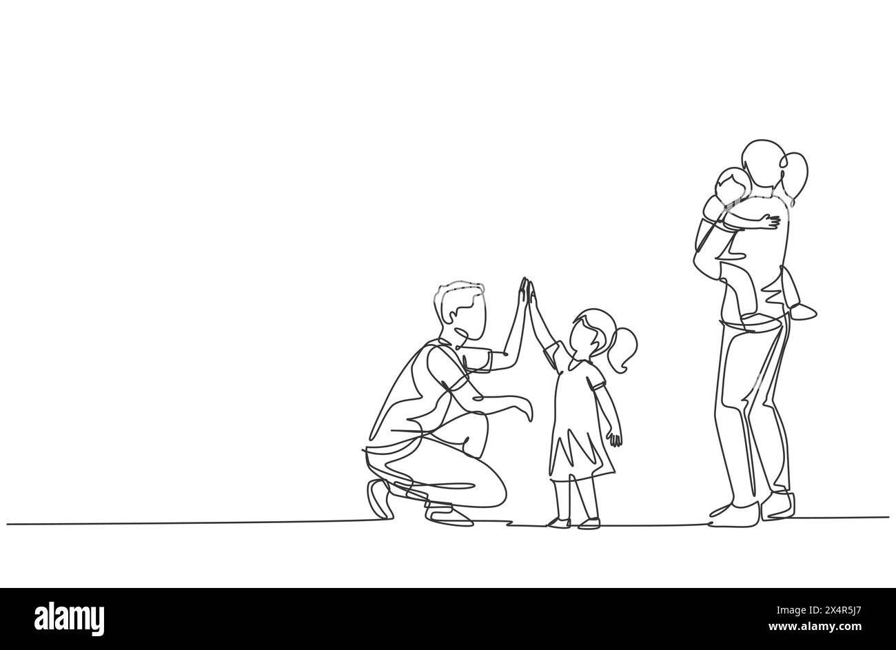 One single line drawing of young dad giving high five to his daughter ...