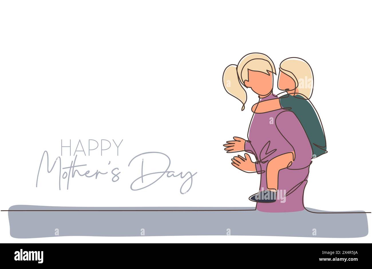 One continuous line drawing of young mom carrying her daughter and walk ...