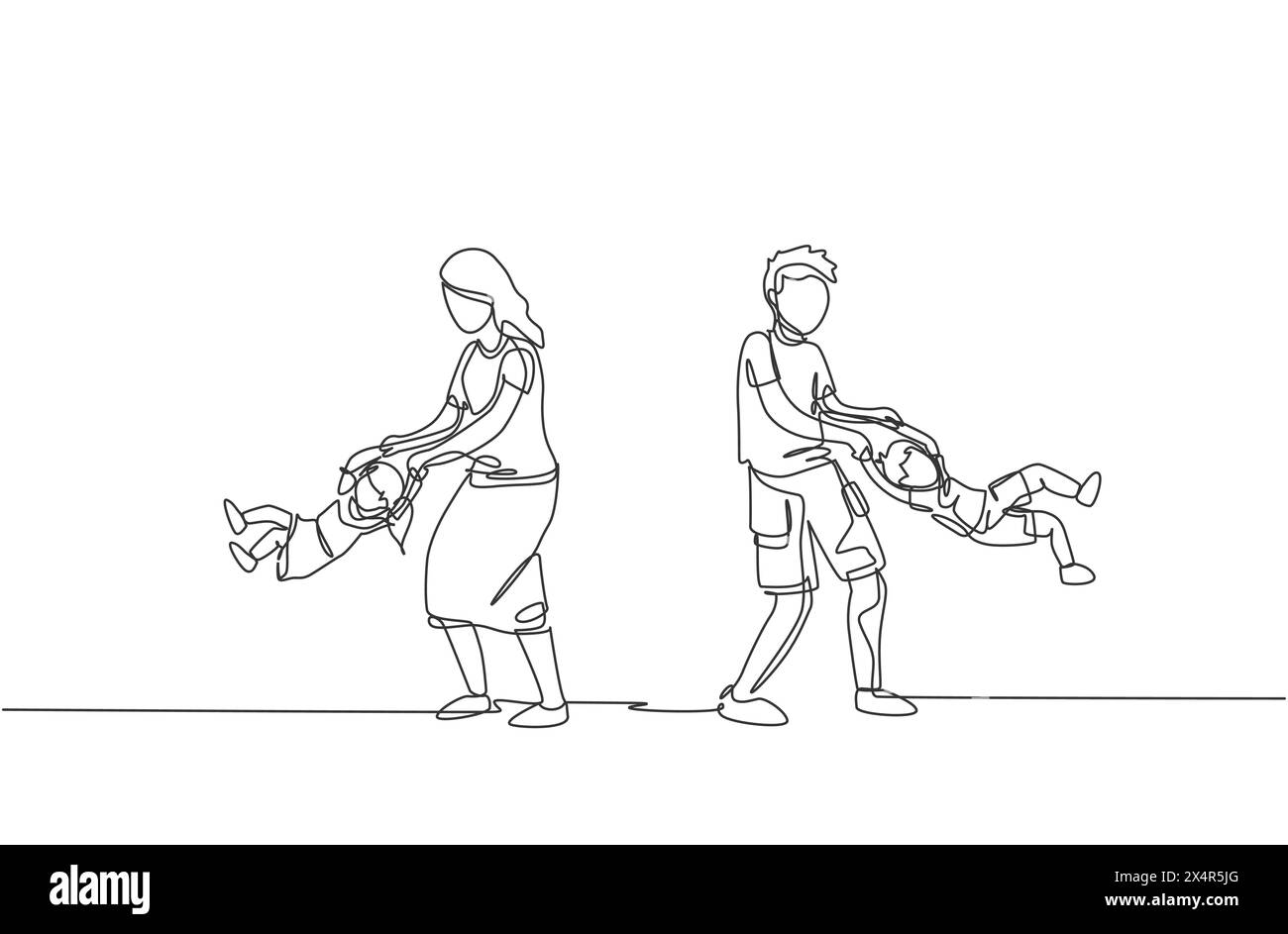 One continuous line drawing of young mom and dad playing with their son ...