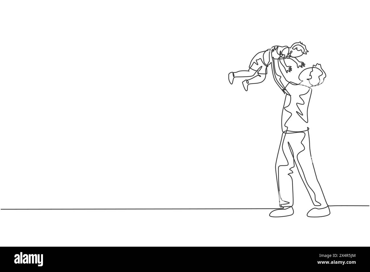 Single continuous line drawing young happy father raising his son up in ...