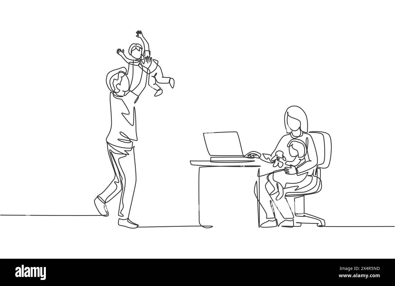 Single continuous line drawing of young mom work typing on laptop and ...