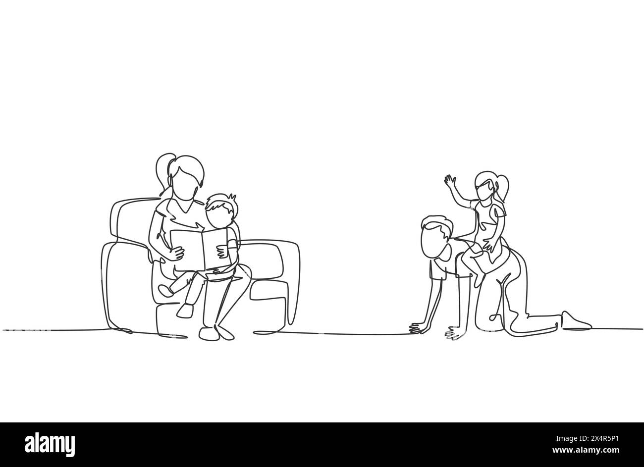 One continuous line drawing of young play with daughter while mother ...