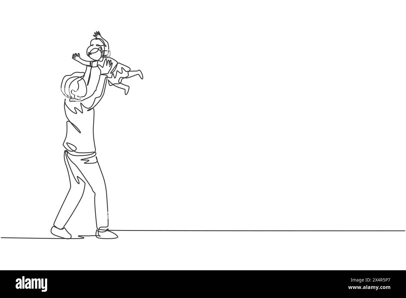 One continuous line drawing of young father playing raise his daughter ...