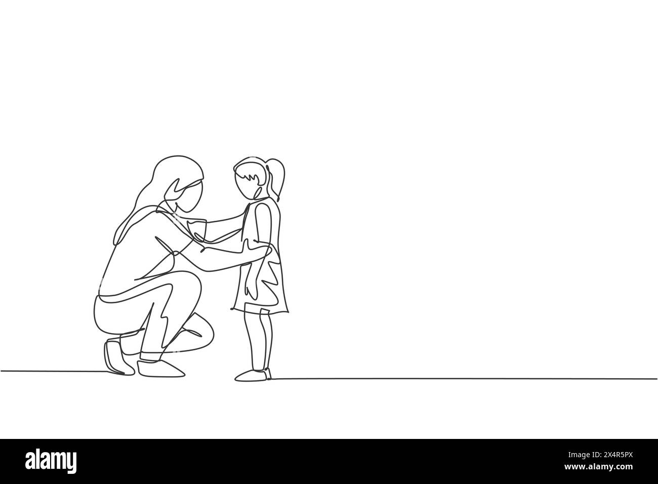 One single line drawing of young happy mom giving some wise advice talk ...