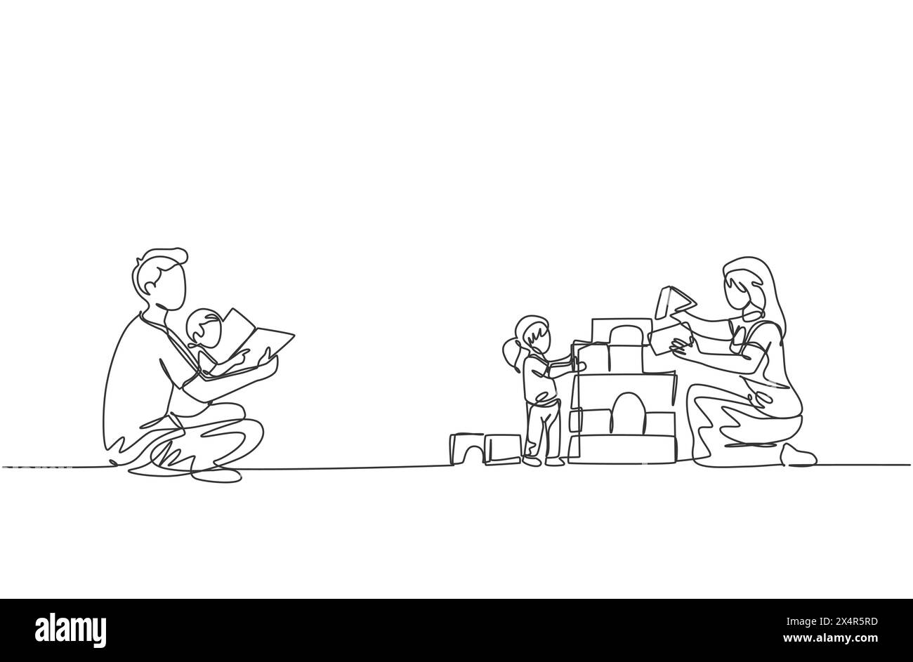 One single line drawing of young dad reading book to son and mom ...
