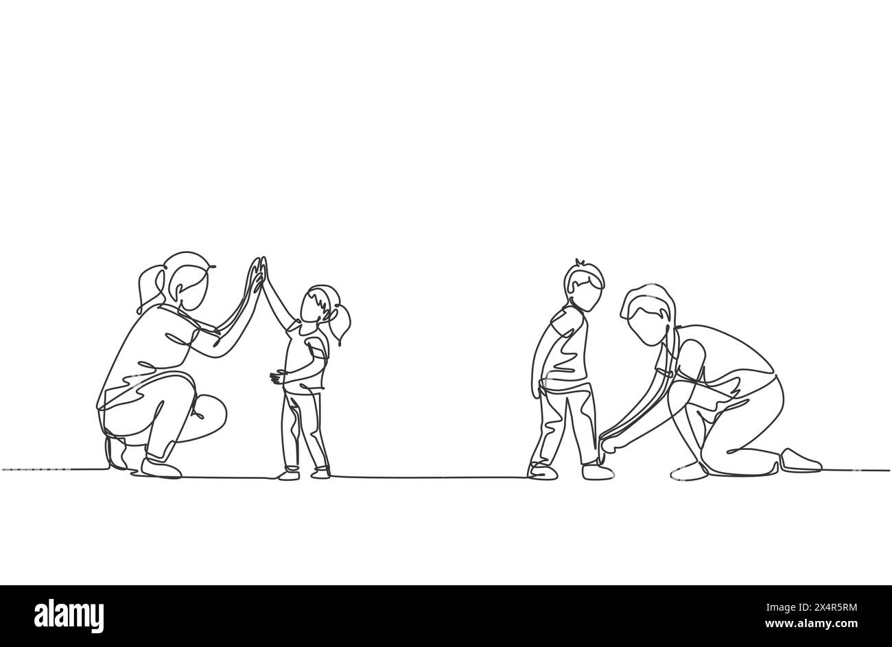 One continuous line drawing of young mom giving high five to daughter ...