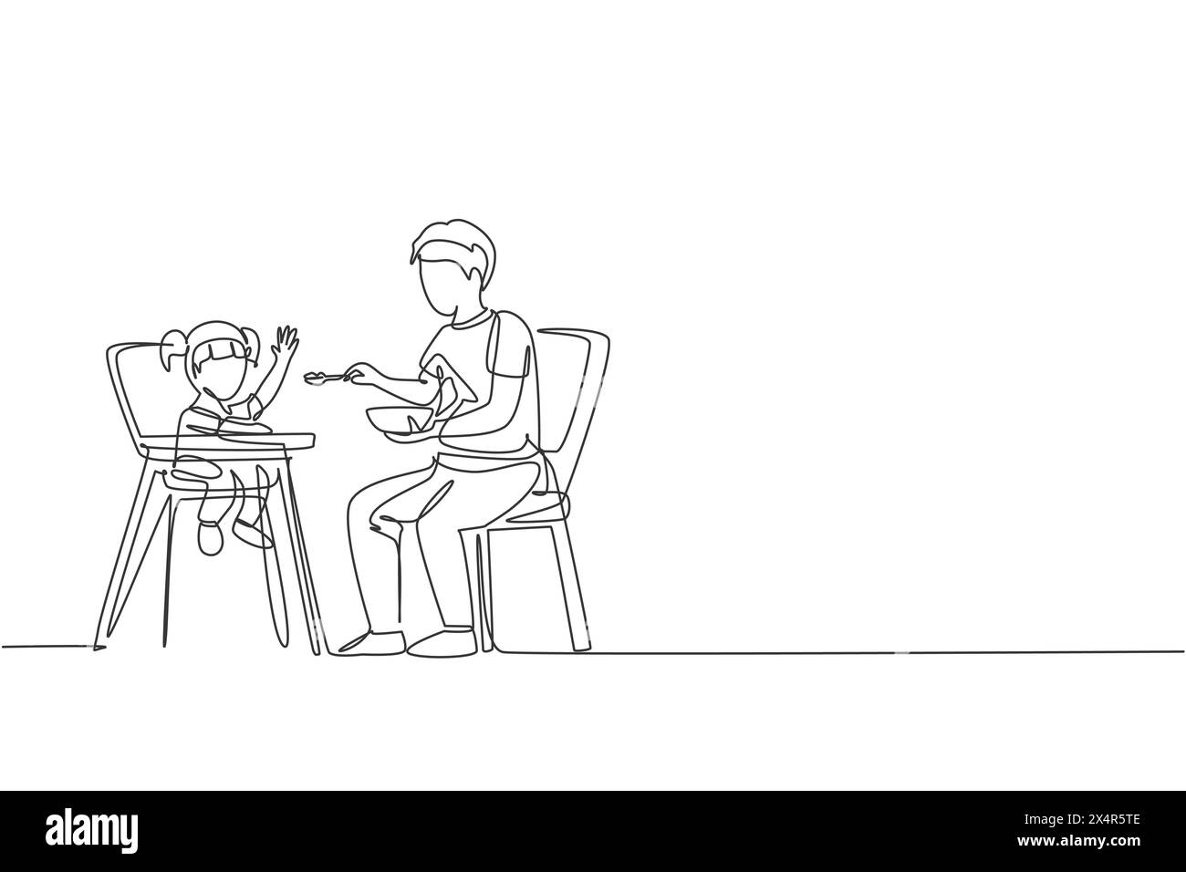 One continuous line drawing of young father feeding his daughter a meal ...