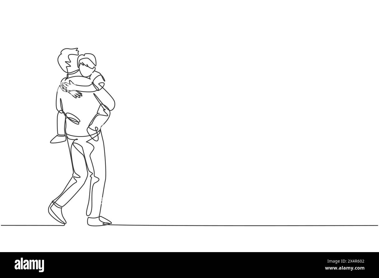 One continuous line drawing of young dad carrying his sleepy tired ...