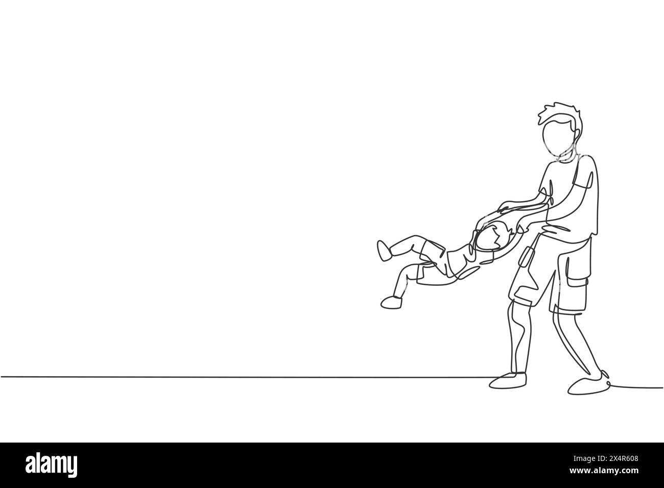 One single line drawing young dad playing with his son, lifting and ...