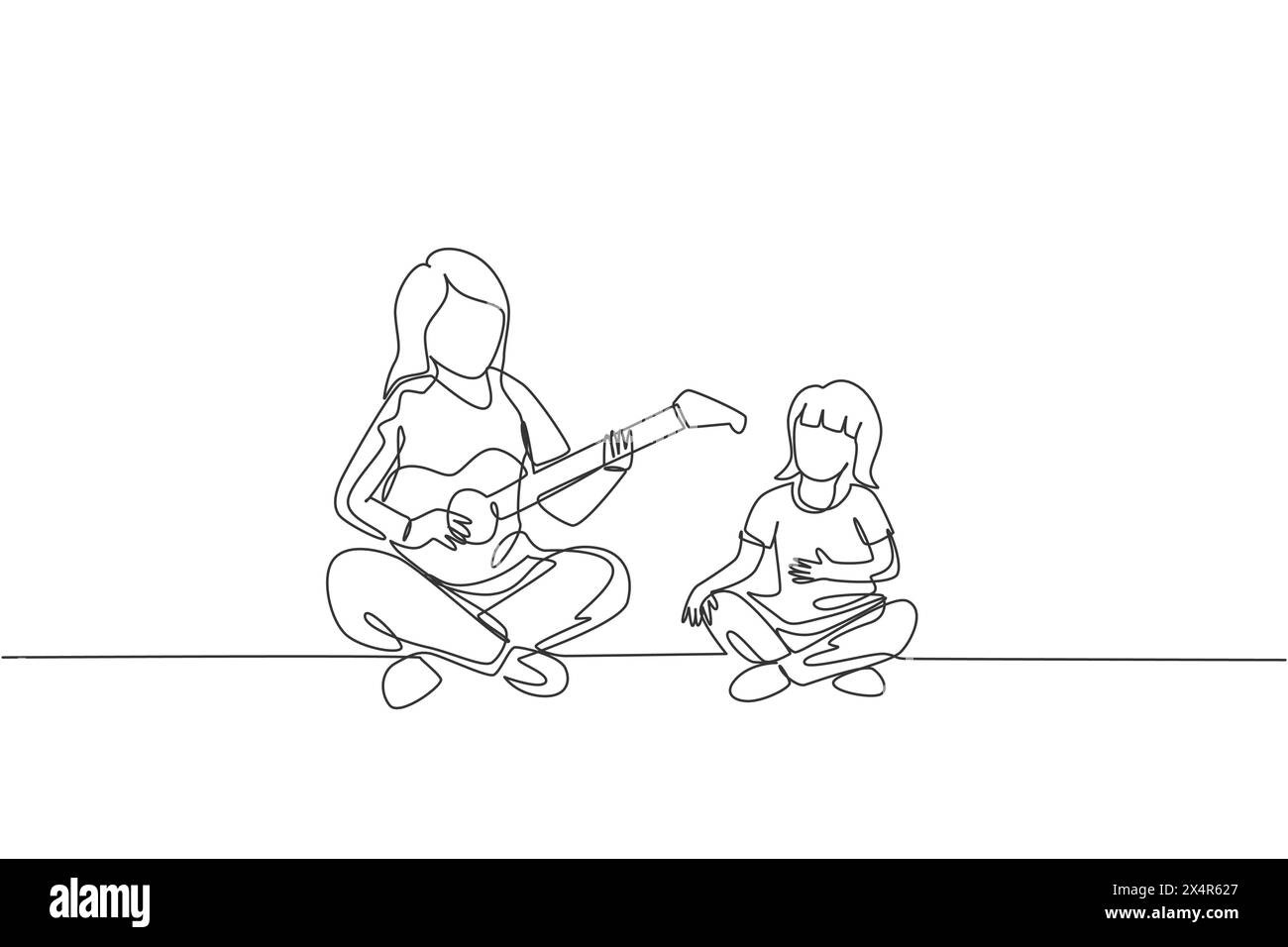 Single continuous line drawing of young mother playing guitar and happy ...