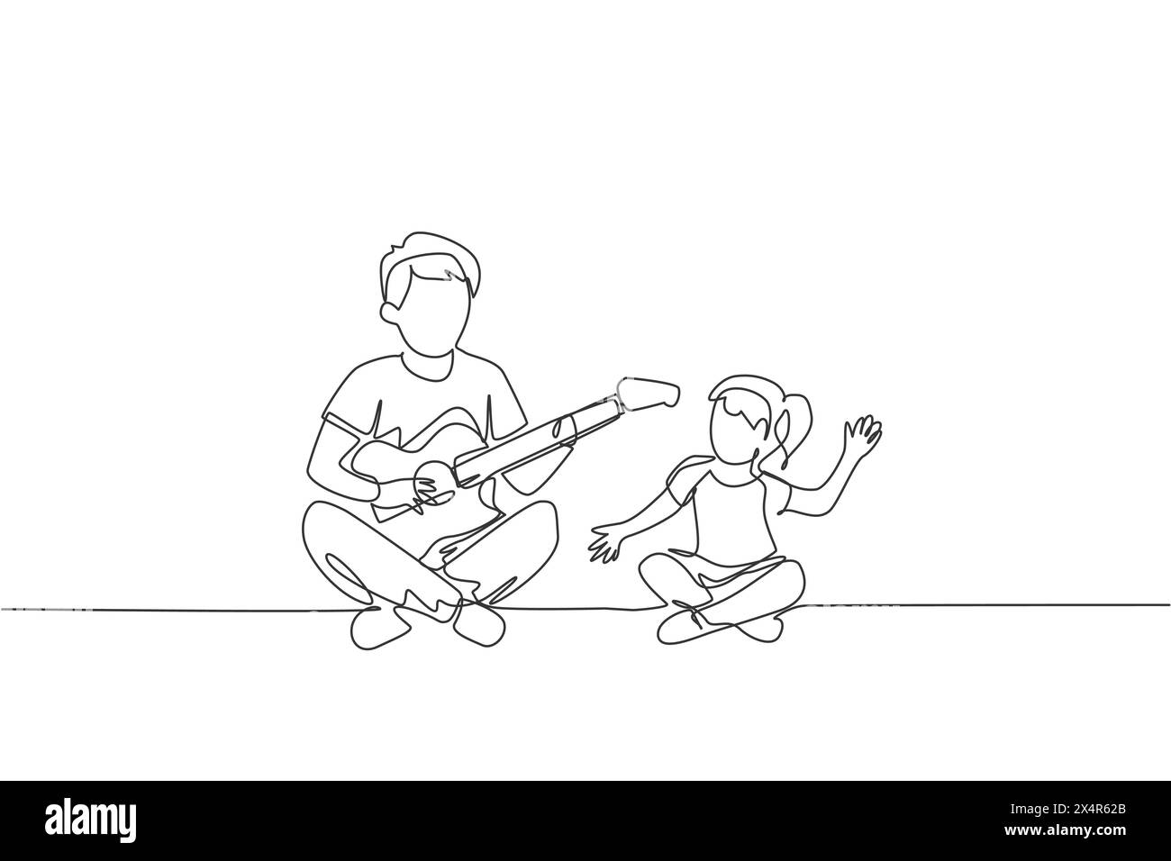 One single line drawing young father playing guitar and happy singing ...