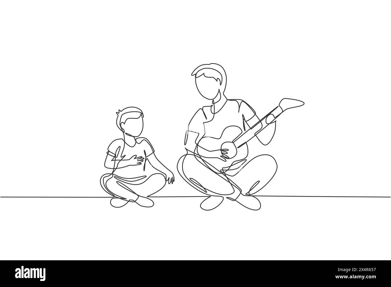One continuous line drawing of young dad playing guitar and happy ...